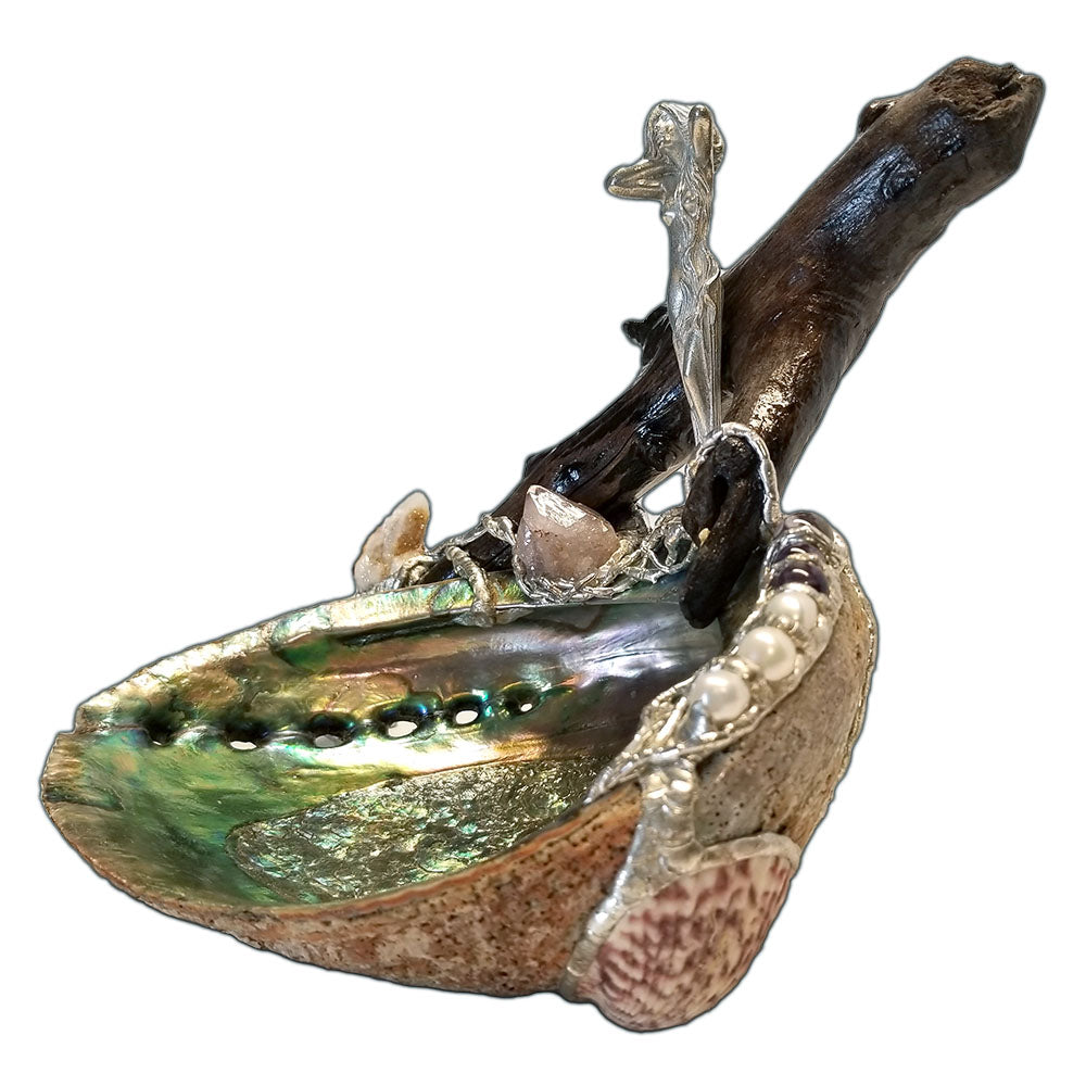 abalone shell with standing figurine and driftwood – Waterhawk Creations